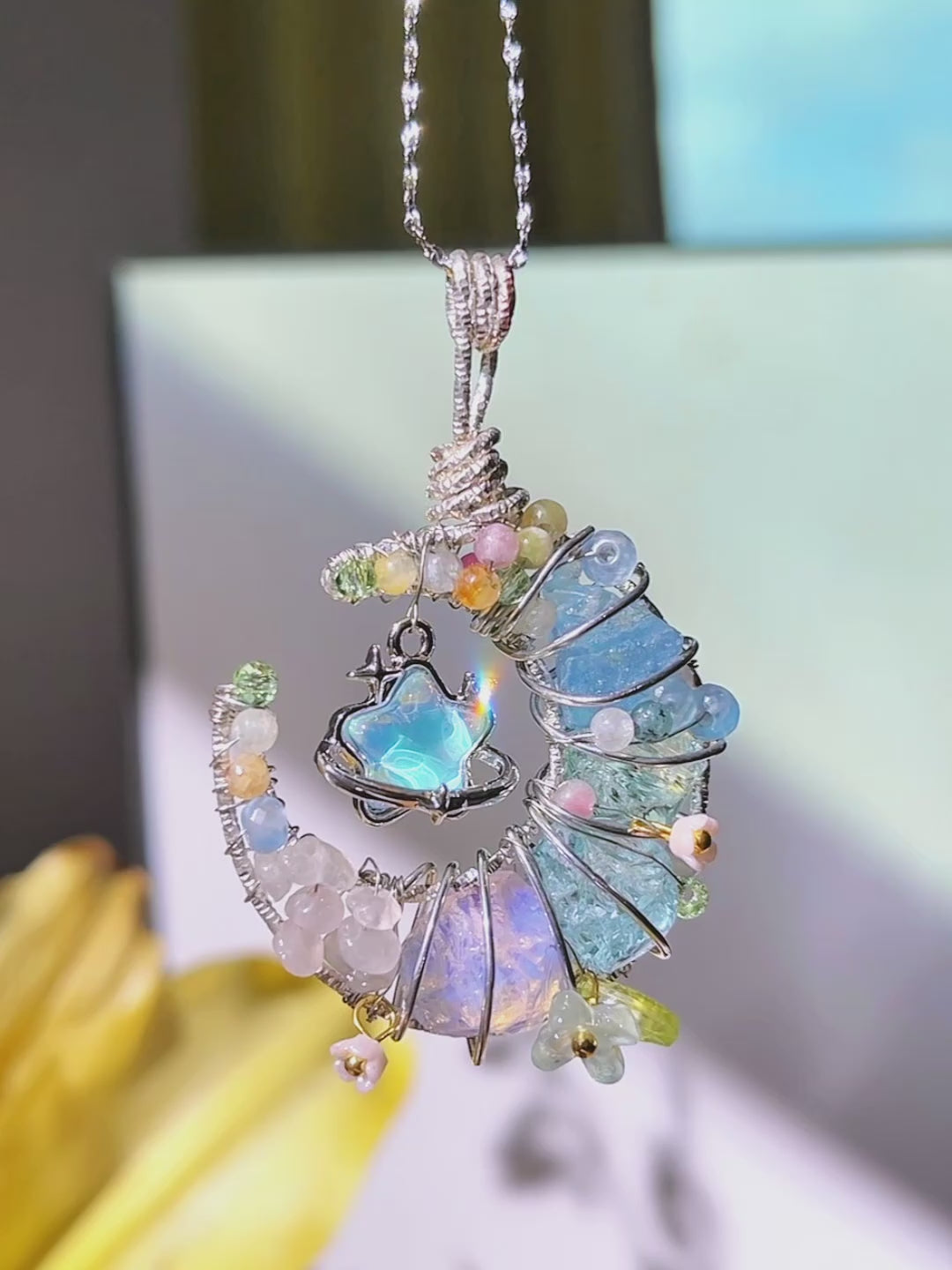 Cosmic Duo｜Blue Star & Moon Crystal Pendant – AquaVibio